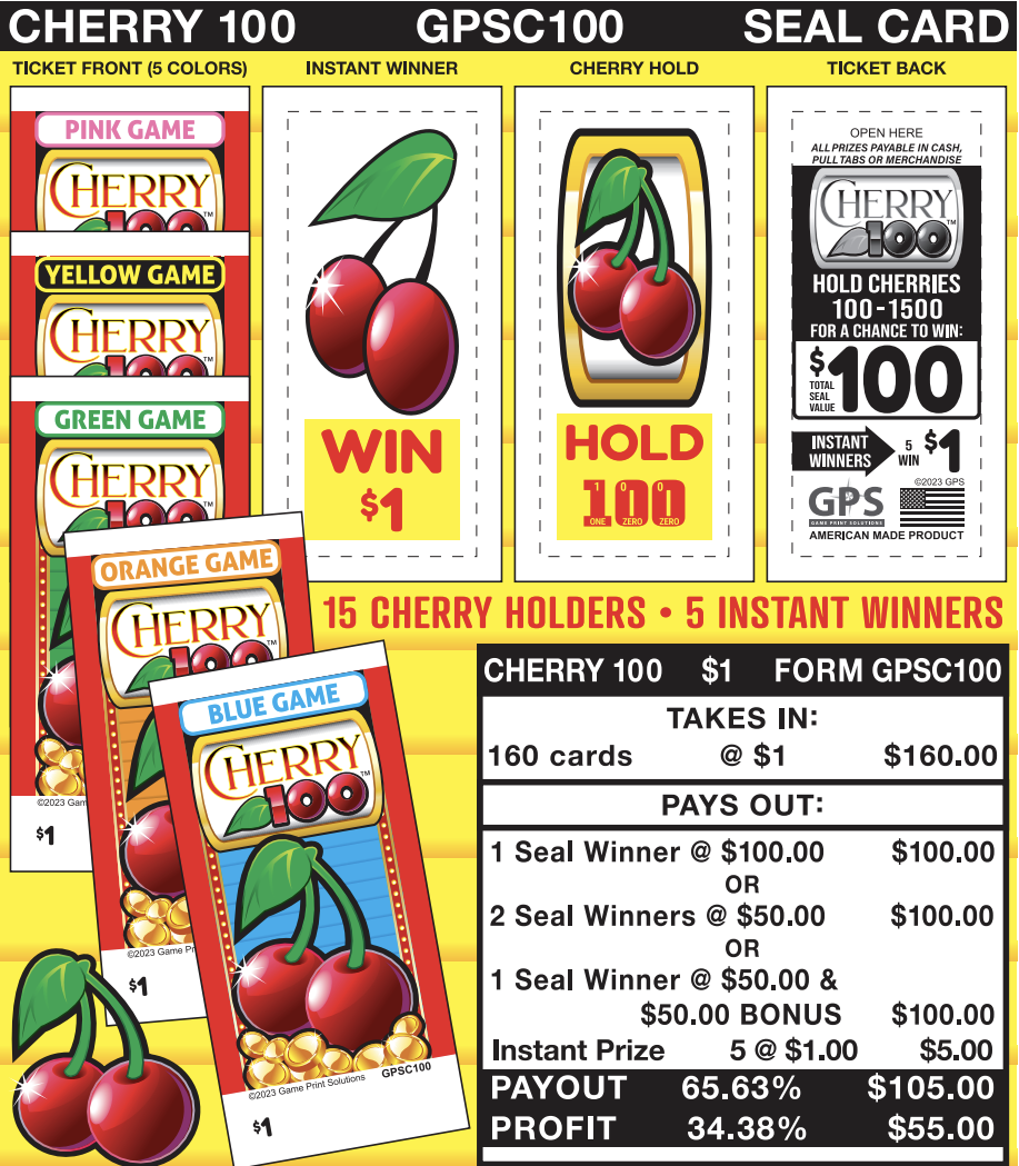 CHERRY 100 PULL TAB 160 TICKETS – HornerNovelty